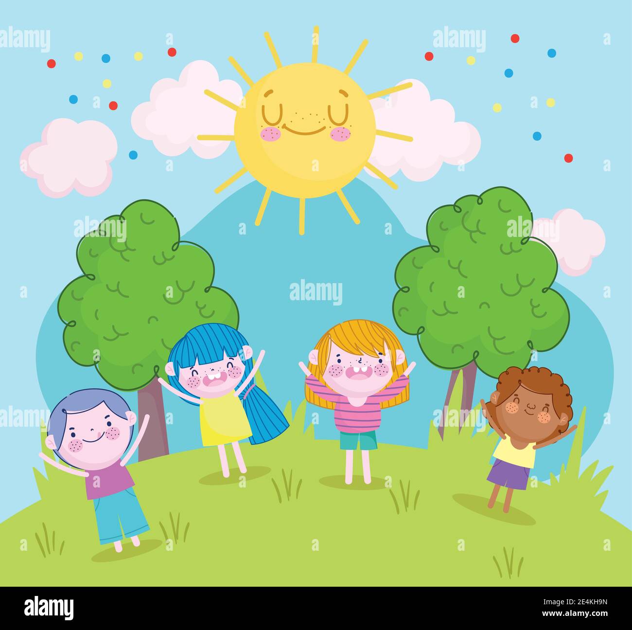 funny boys and girls together in the park cartoon, Children vector ...