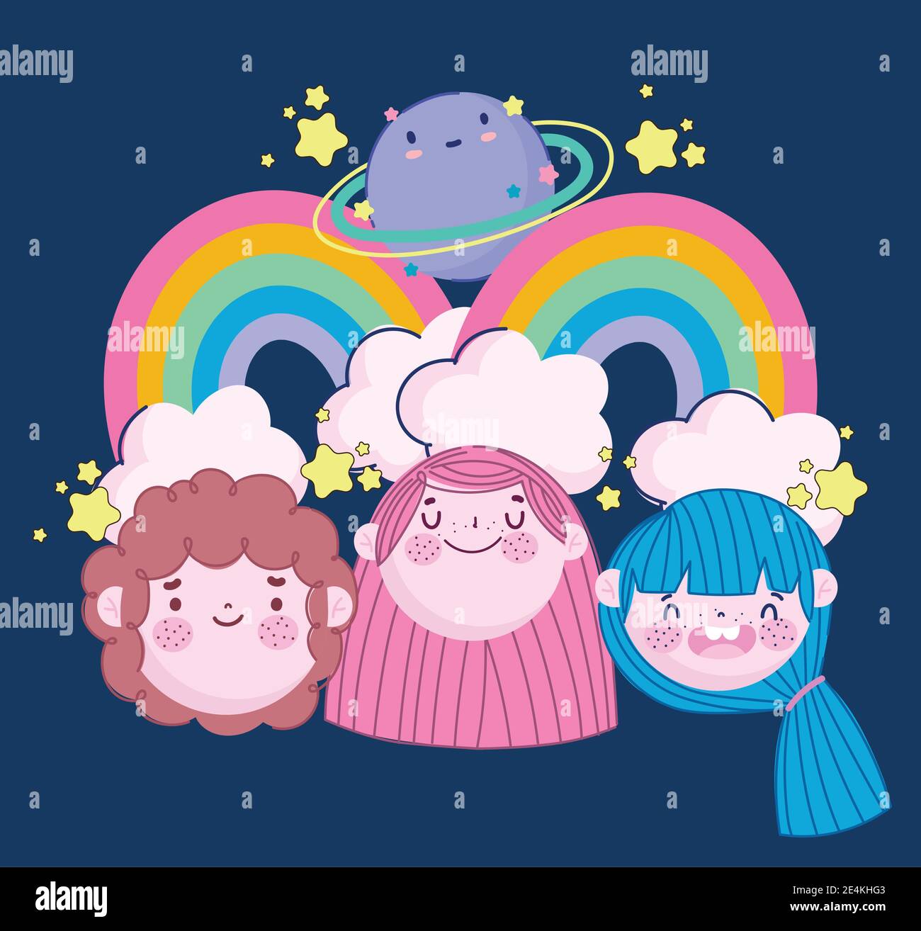 cartoon girl boy faces rainbow planet, Children vector illustration ...