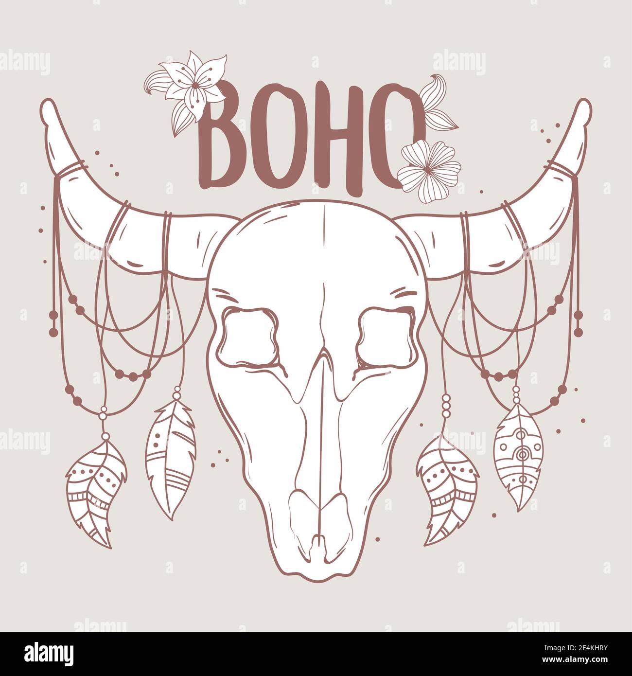 native bull skull with feather and flower boho and tribal vector ...