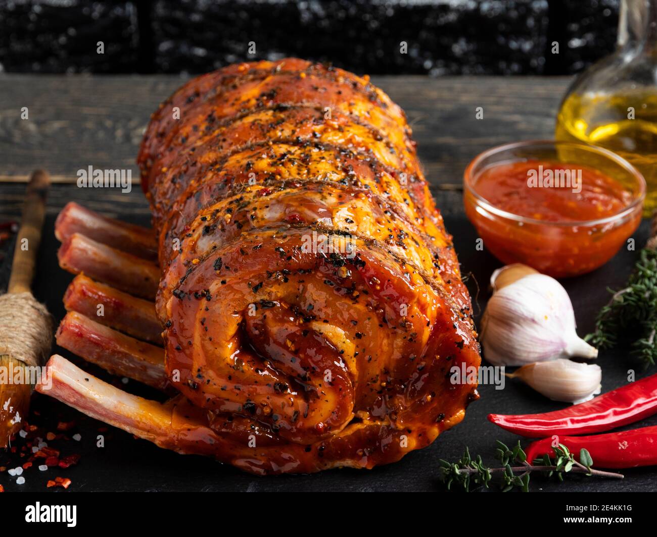 Rolled raw roast beef Rump, pork, lamb, in red marinate, meat roll ...