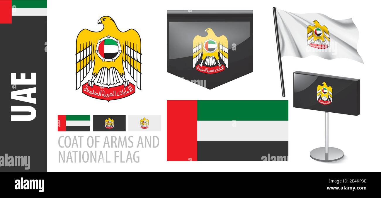Vector set of the coat of arms and national flag of United Arab ...