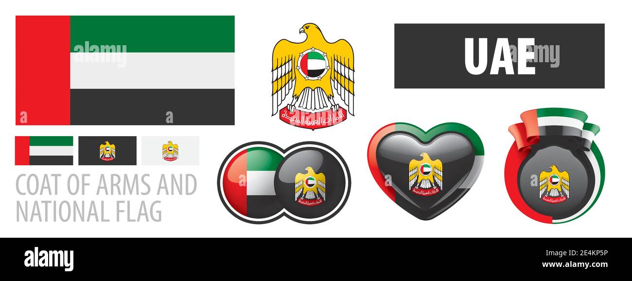 Vector set of the coat of arms and national flag of United Arab ...