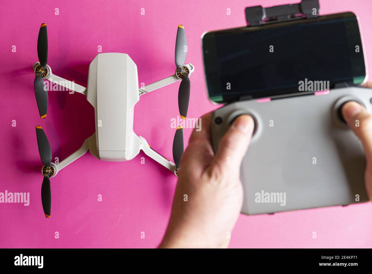 drone top view and remote control. concept flying drone on flat ...
