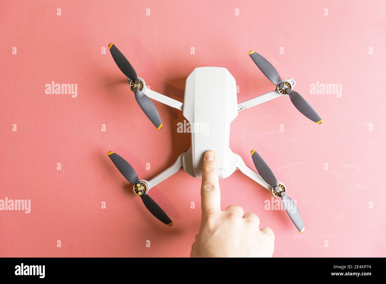 drone top view man hand. concept flying drone on flat background. flat ...