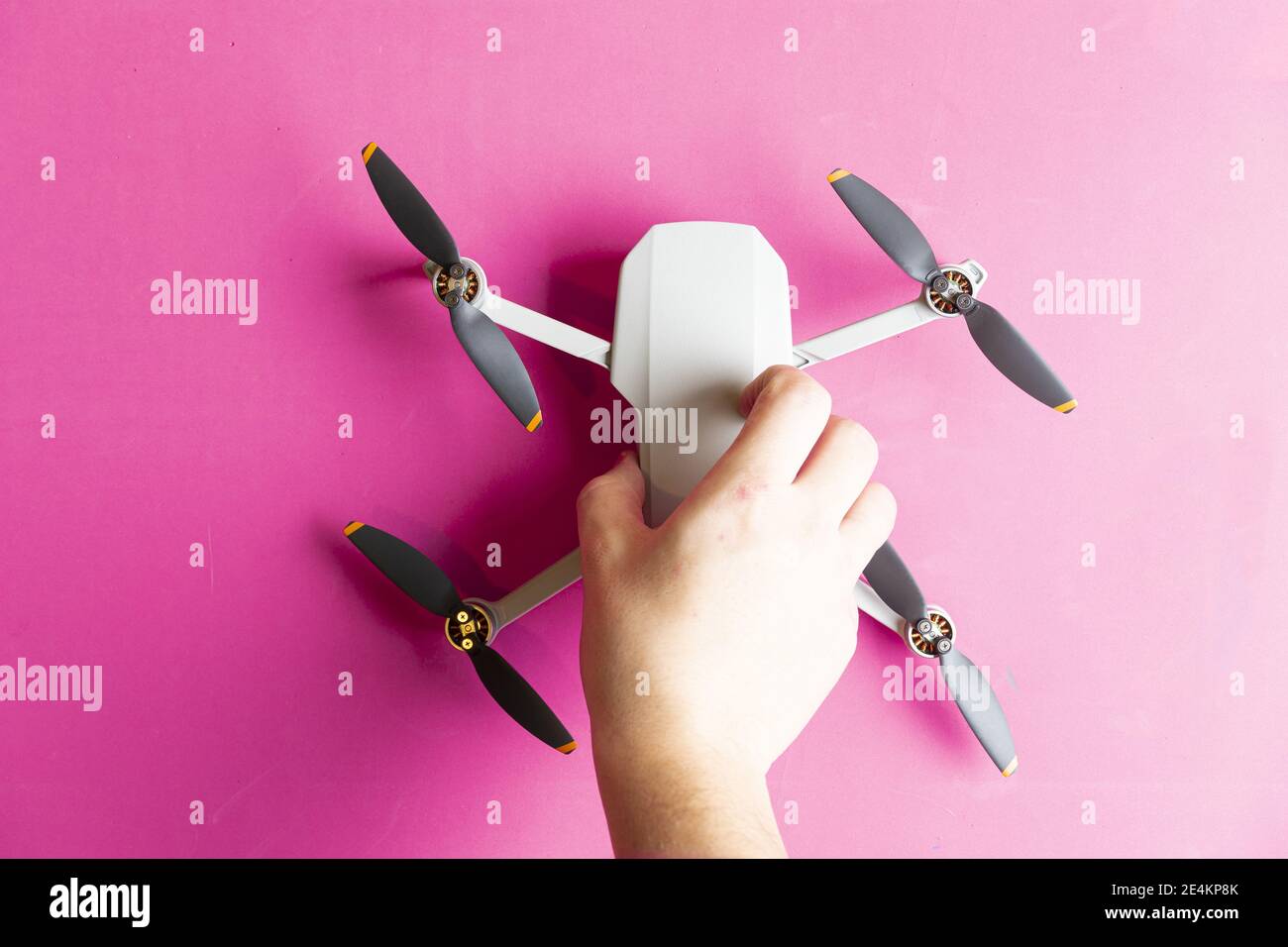 drone top view man hand. concept flying drone on flat background. flat ...