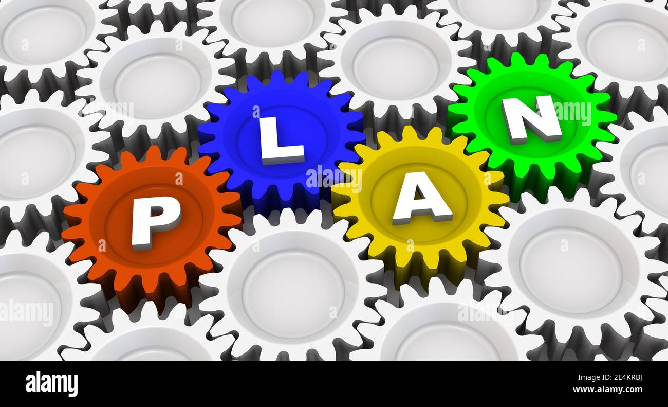 Plan. Word on the gears. White word PLAN is written on colorful gears ...