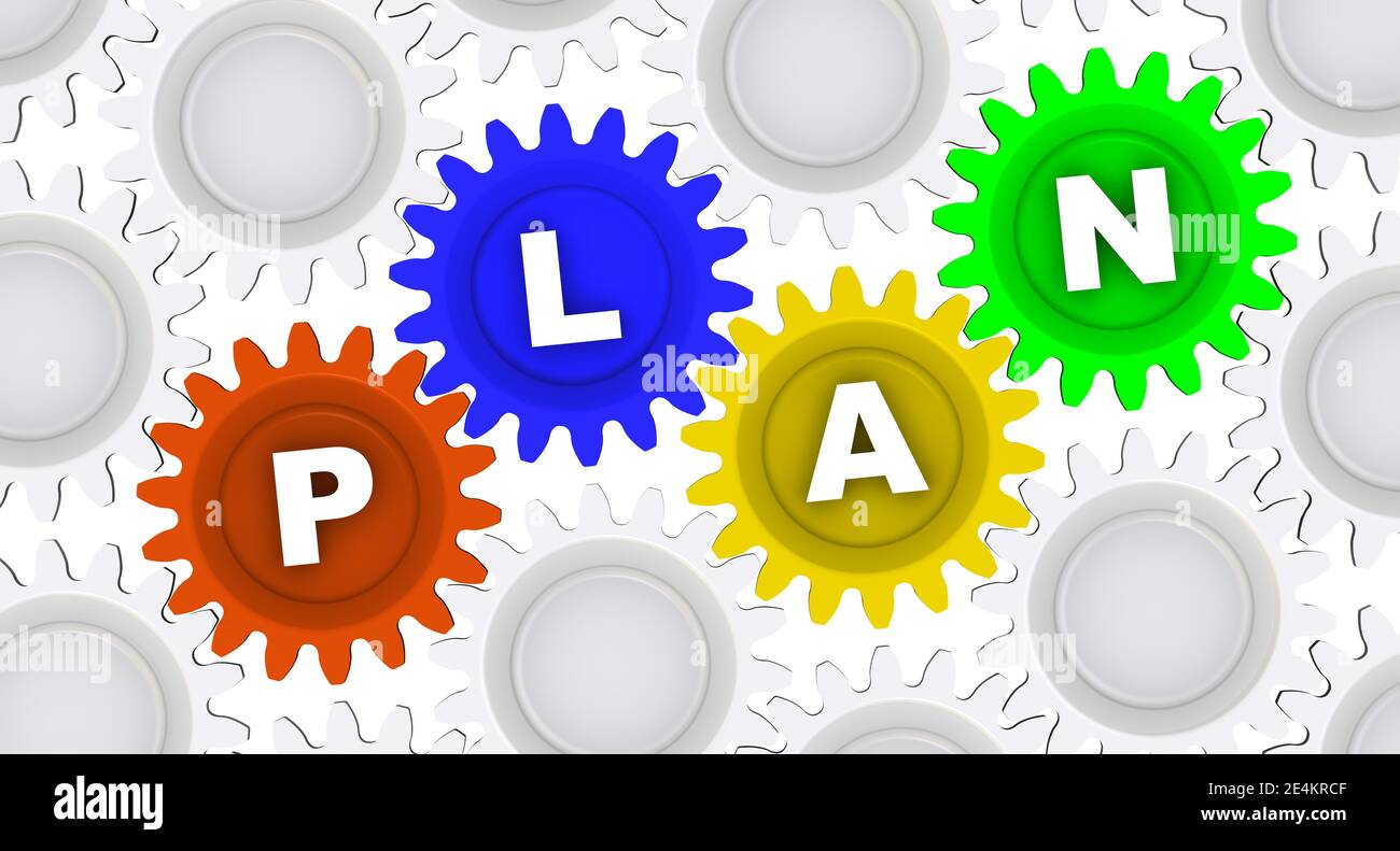 Plan. Word on the gears. White word PLAN is written on colorful gears ...