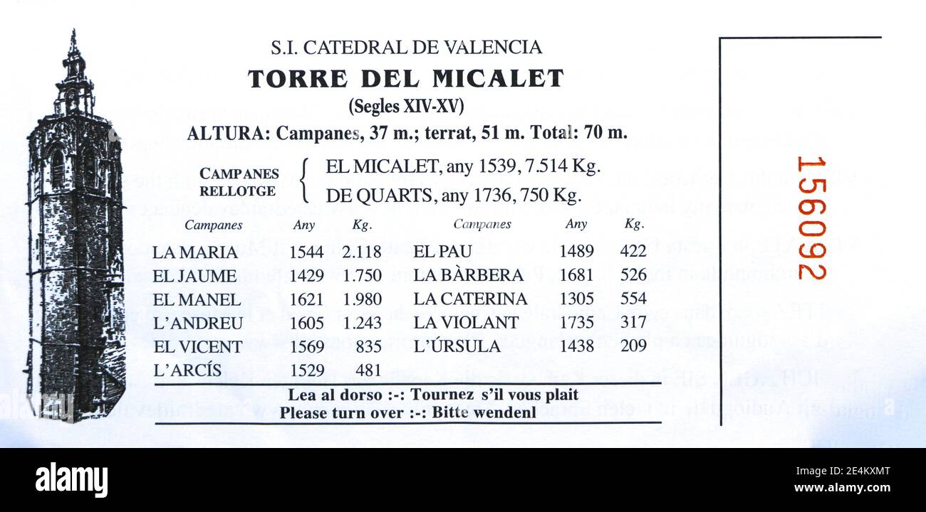 Entrance ticket for the Micalet bell tower of Valencia cathedral with a ...