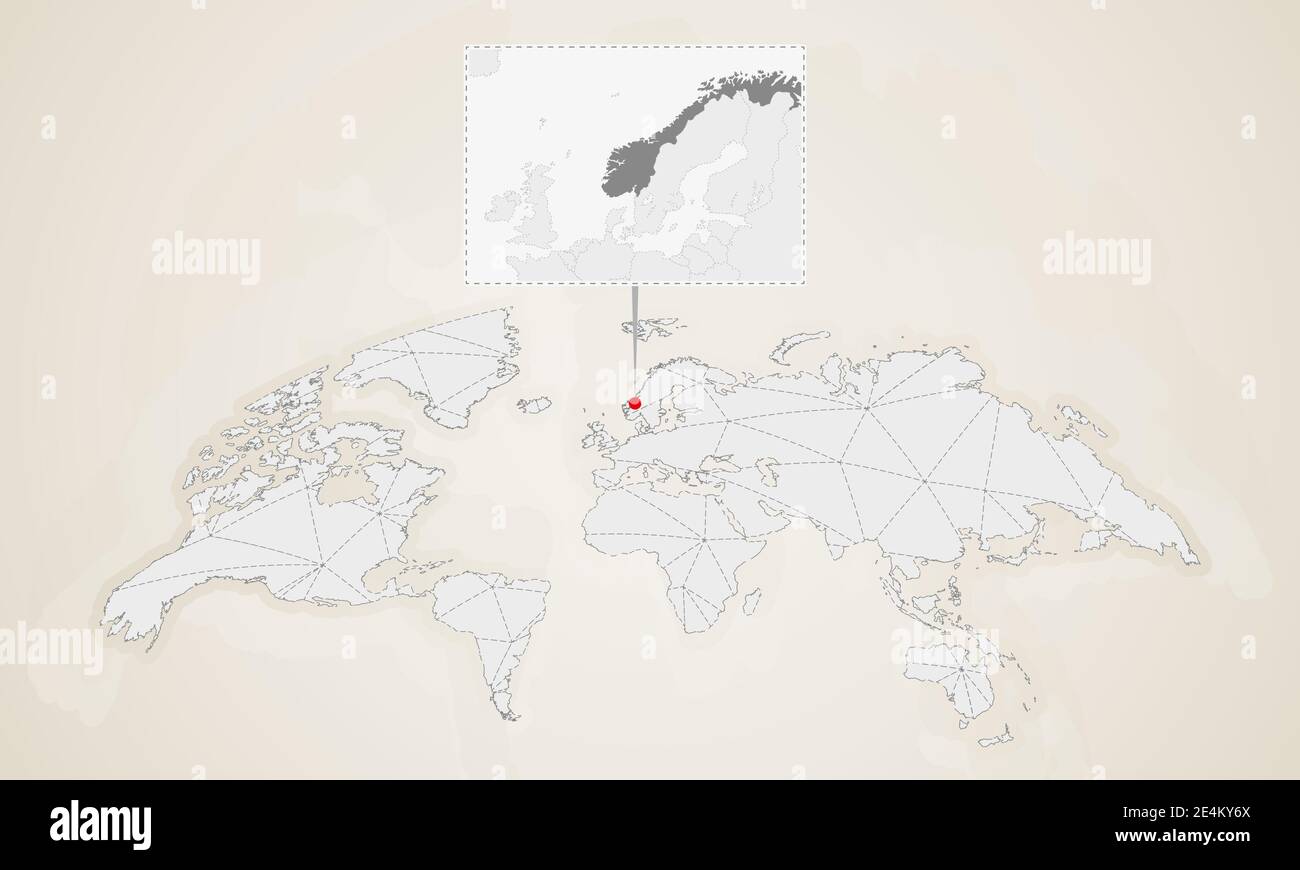 Map of Norway with neighbor countries pinned on world map. Abstract ...