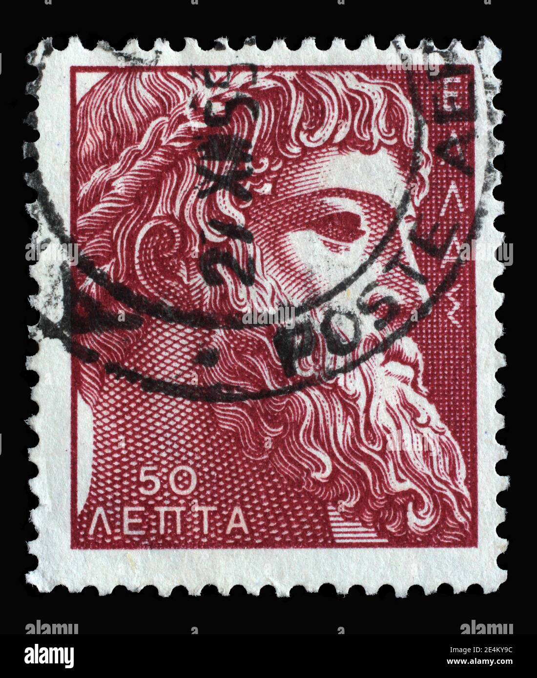 Stamp printed in Greece shows ancient god of sky and thunder Zeus of ...