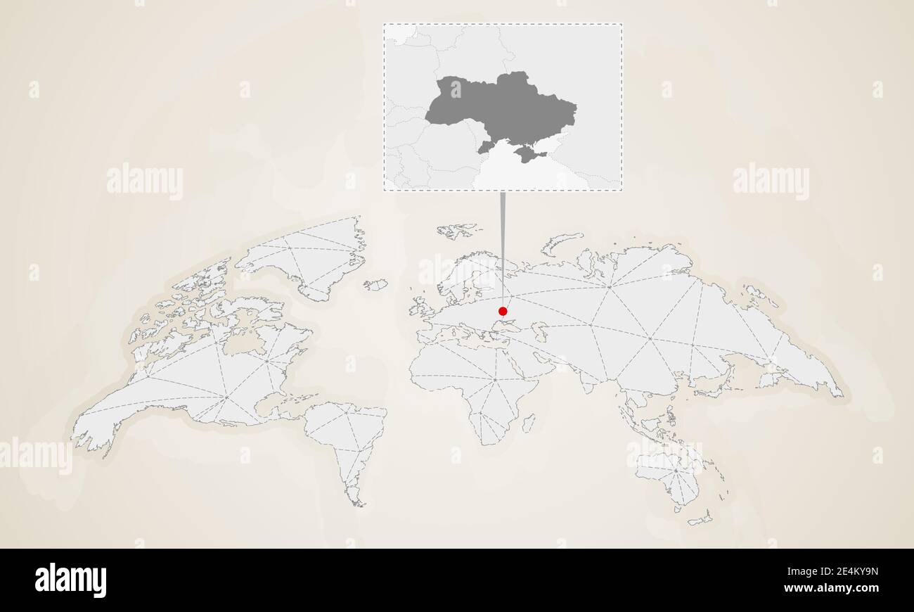 Map of Ukraine with neighbor countries pinned on world map. Abstract ...