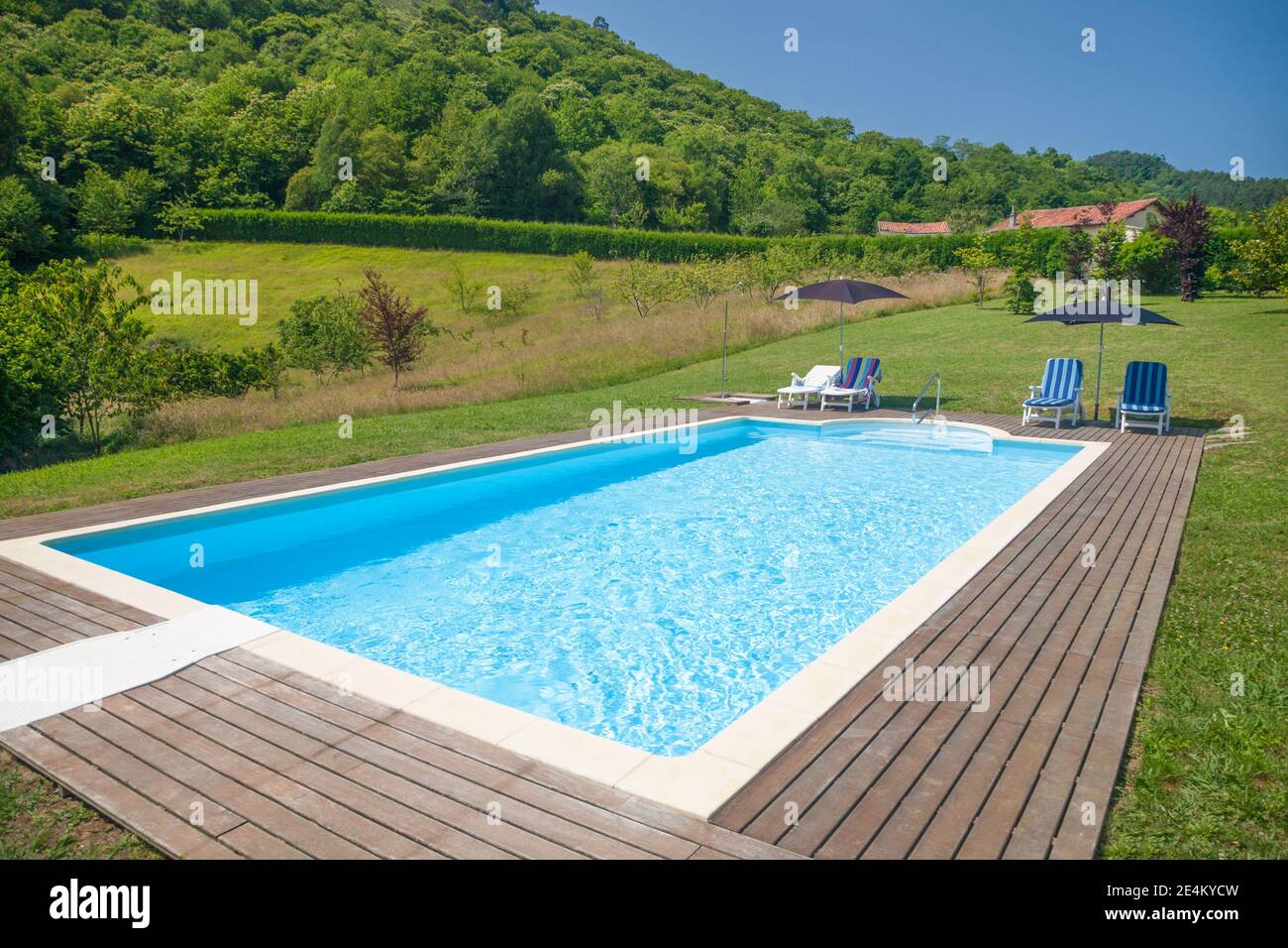 swimming pool with wooden curb, parasol and hammocks, in green meadow ...