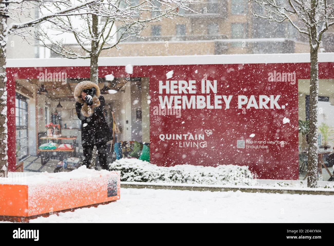 UK Weather, Wembley Park, UK. 24th January 2021.Wembley Park residents ...