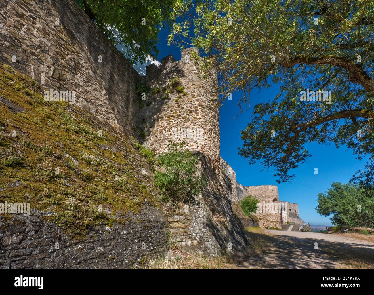 Cylindrical towers at Fortaleza de Abrantes, castle at hilltop over ...