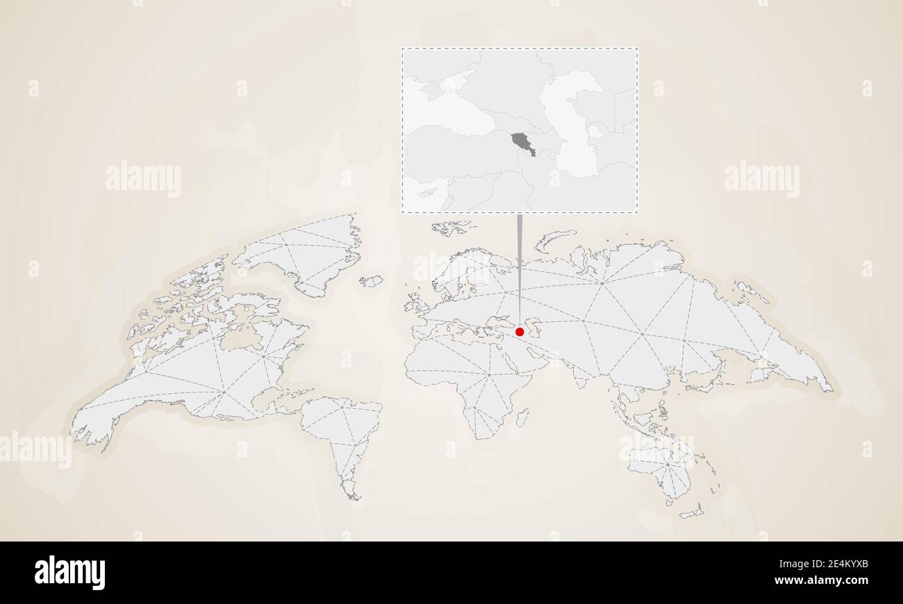Map of Armenia with neighbor countries pinned on world map. Abstract ...