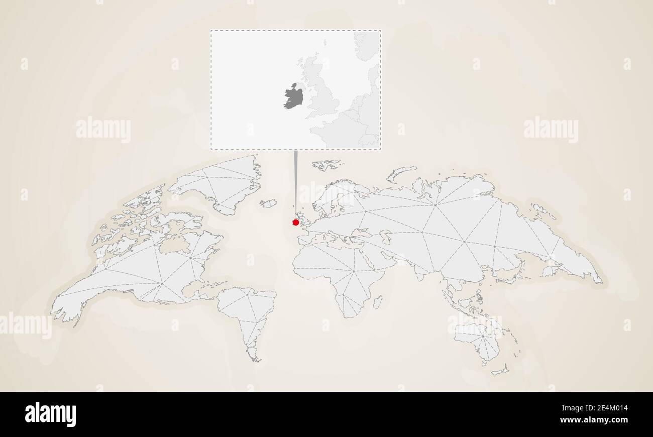 Map of Ireland with neighbor countries pinned on world map. Abstract ...