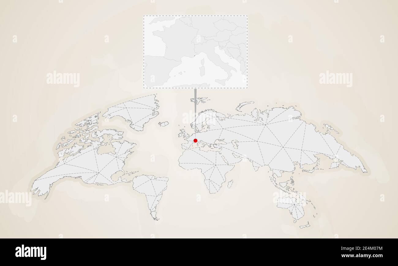 Map of Monaco with neighbor countries pinned on world map. Abstract ...