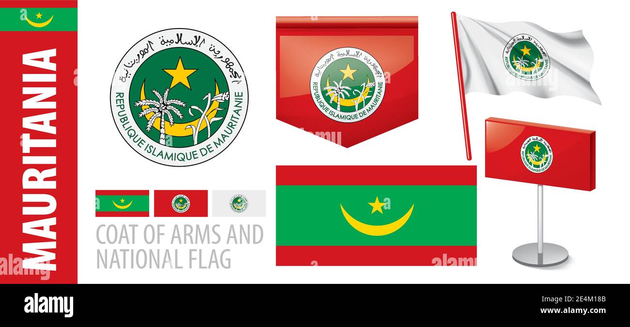 Vector Set Of The Coat Of Arms And National Flag Of Mauritania Stock Vector Image And Art Alamy