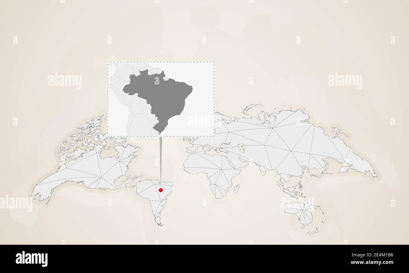 Map of Brazil with neighbor countries pinned on world map. Abstract ...