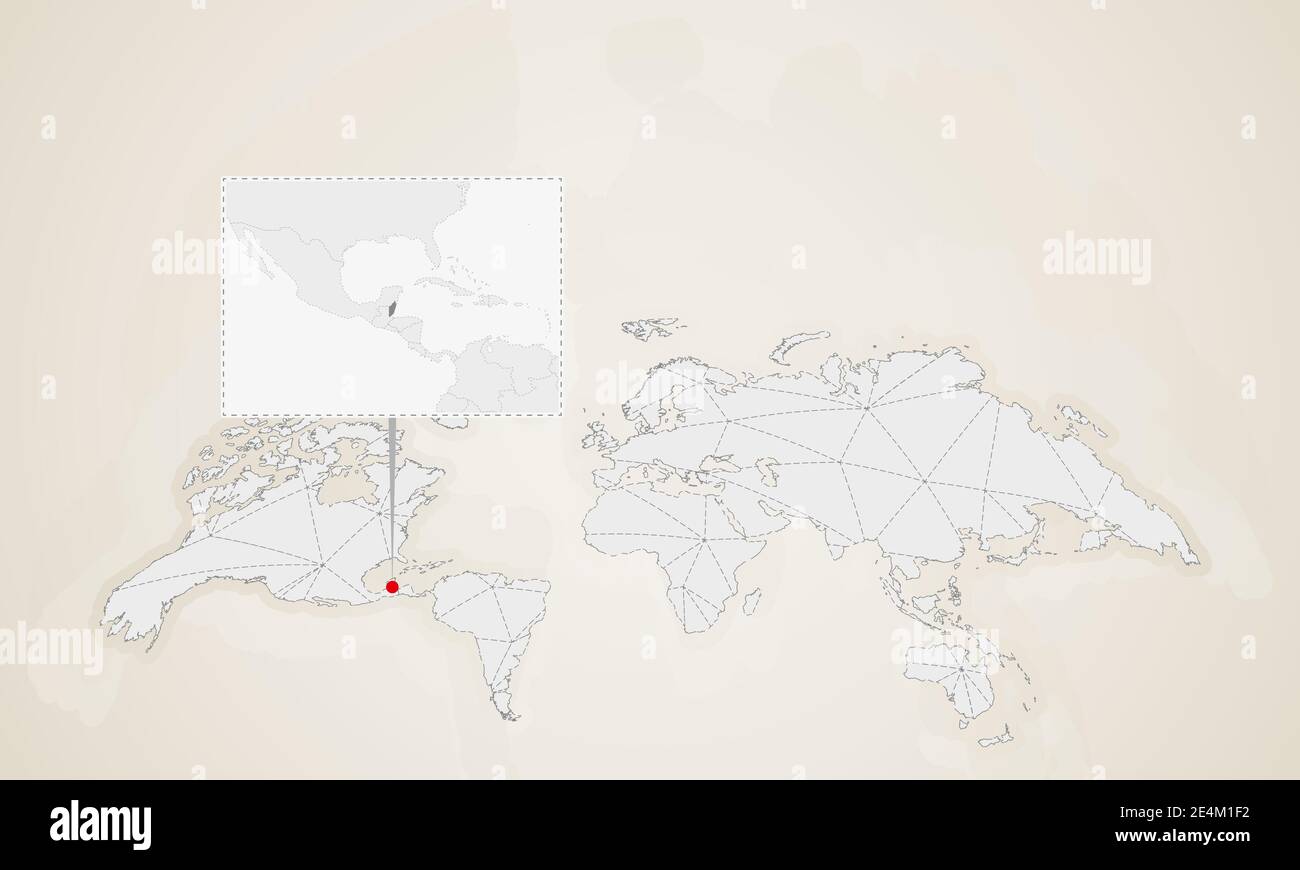 Map of Belize with neighbor countries pinned on world map. Abstract ...