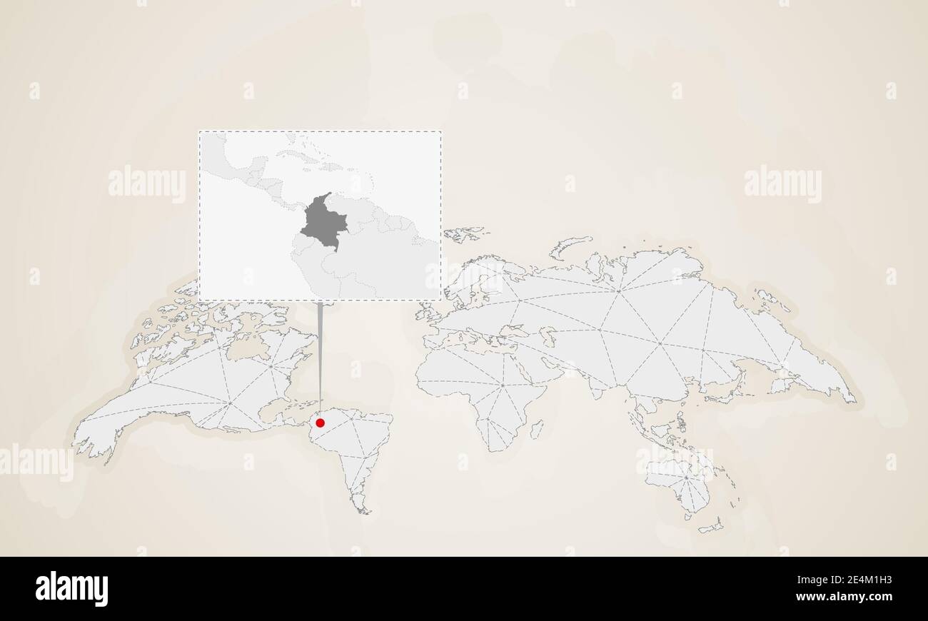 Map of Colombia with neighbor countries pinned on world map. Abstract ...