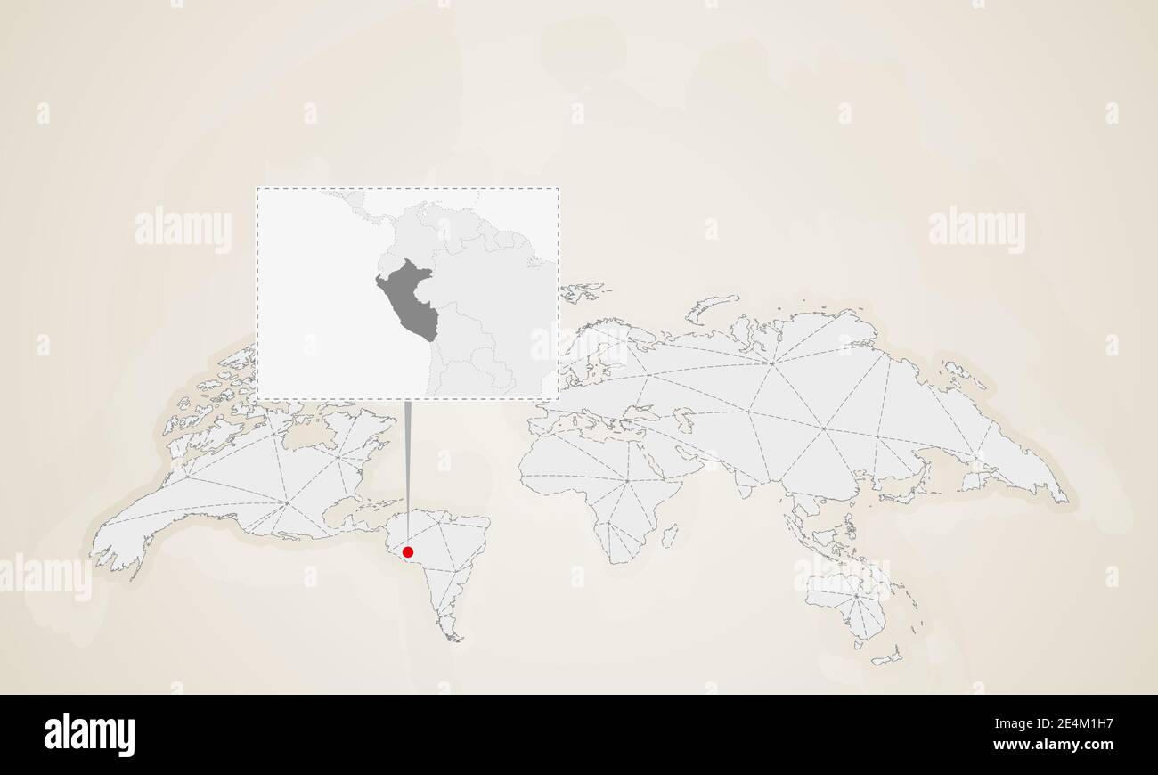 Map of Peru with neighbor countries pinned on world map. Abstract ...