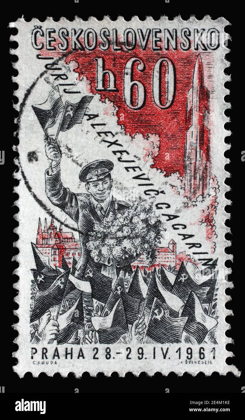 Stamp printed in Czechoslovakia shows Yuri Gagarin, the series Yuri ...