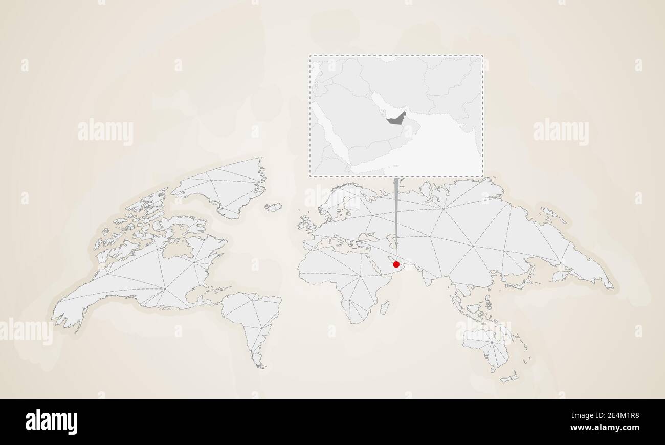 Map of UAE with neighbor countries pinned on world map. Abstract ...