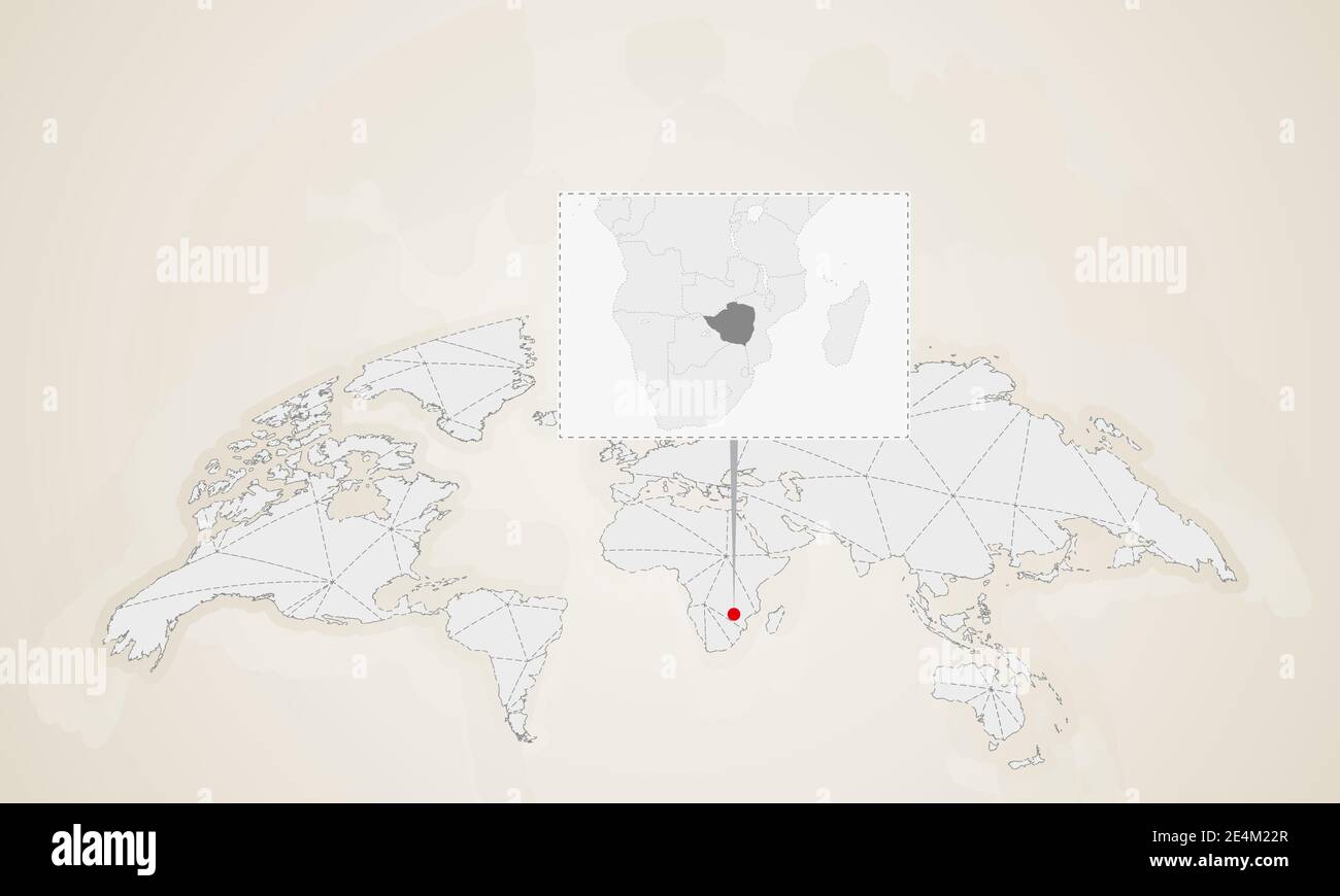 Map of Zimbabwe with neighbor countries pinned on world map. Abstract ...