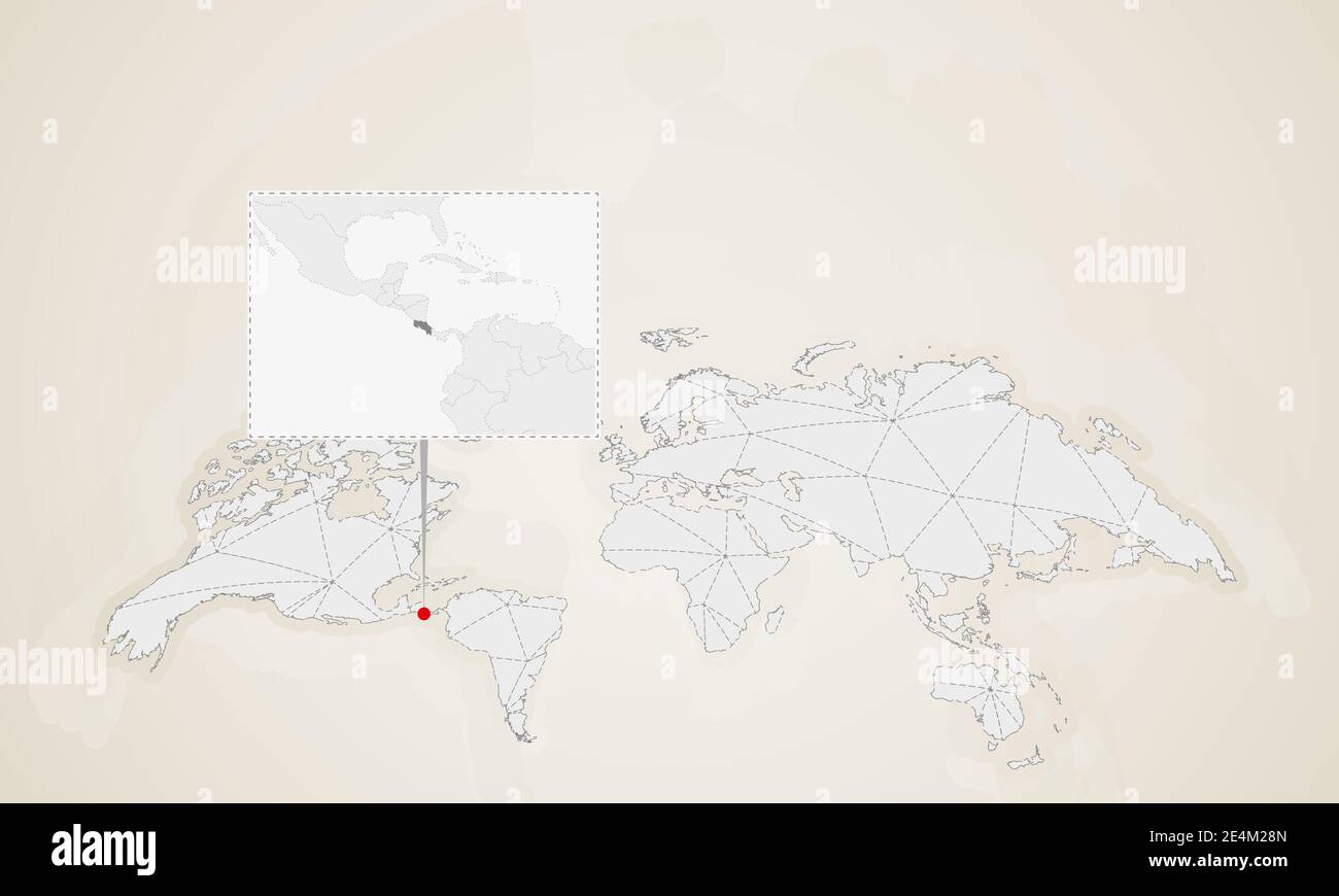 Map of Costa Rica with neighbor countries pinned on world map. Abstract ...