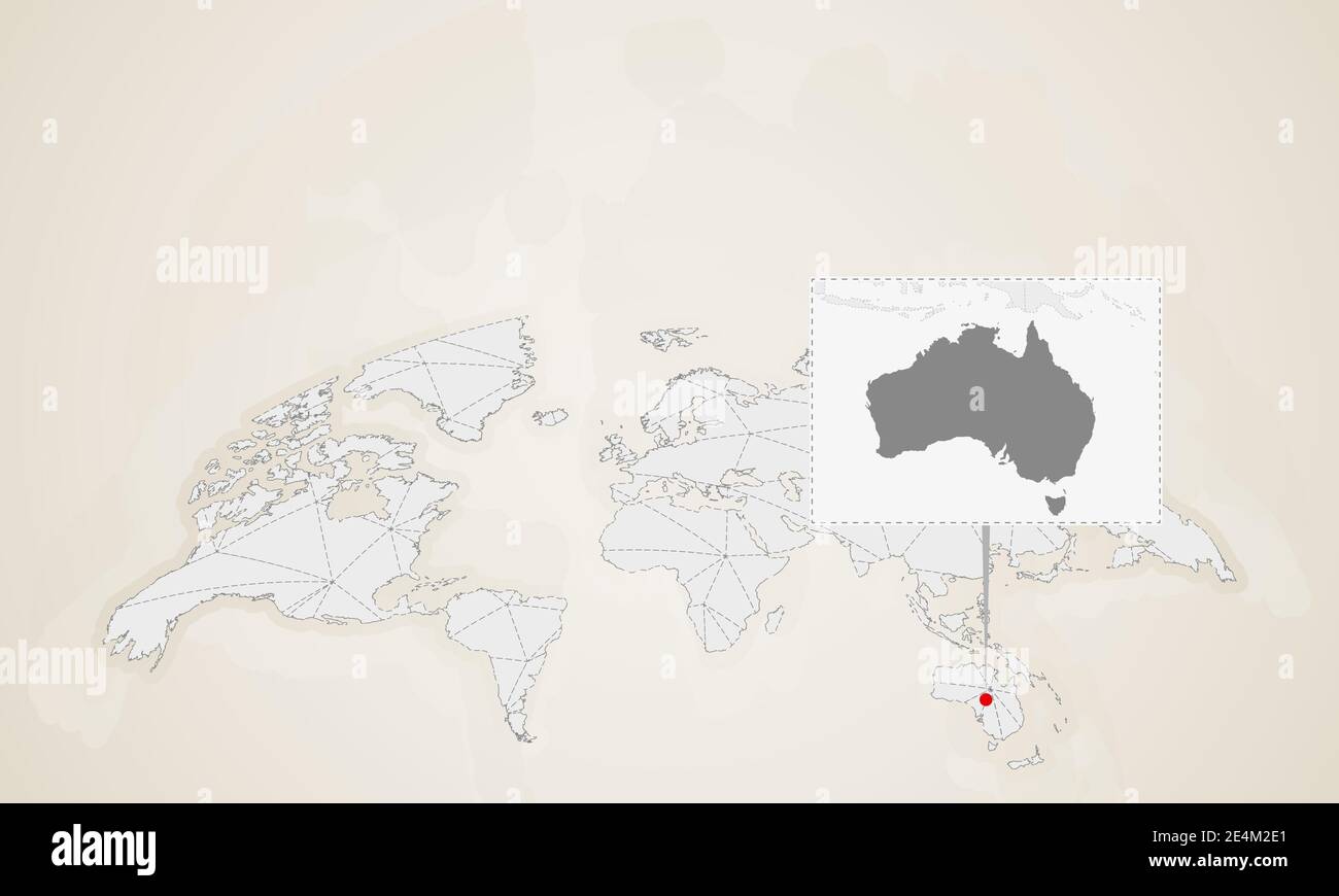 Map of Australia with neighbor countries pinned on world map. Abstract ...