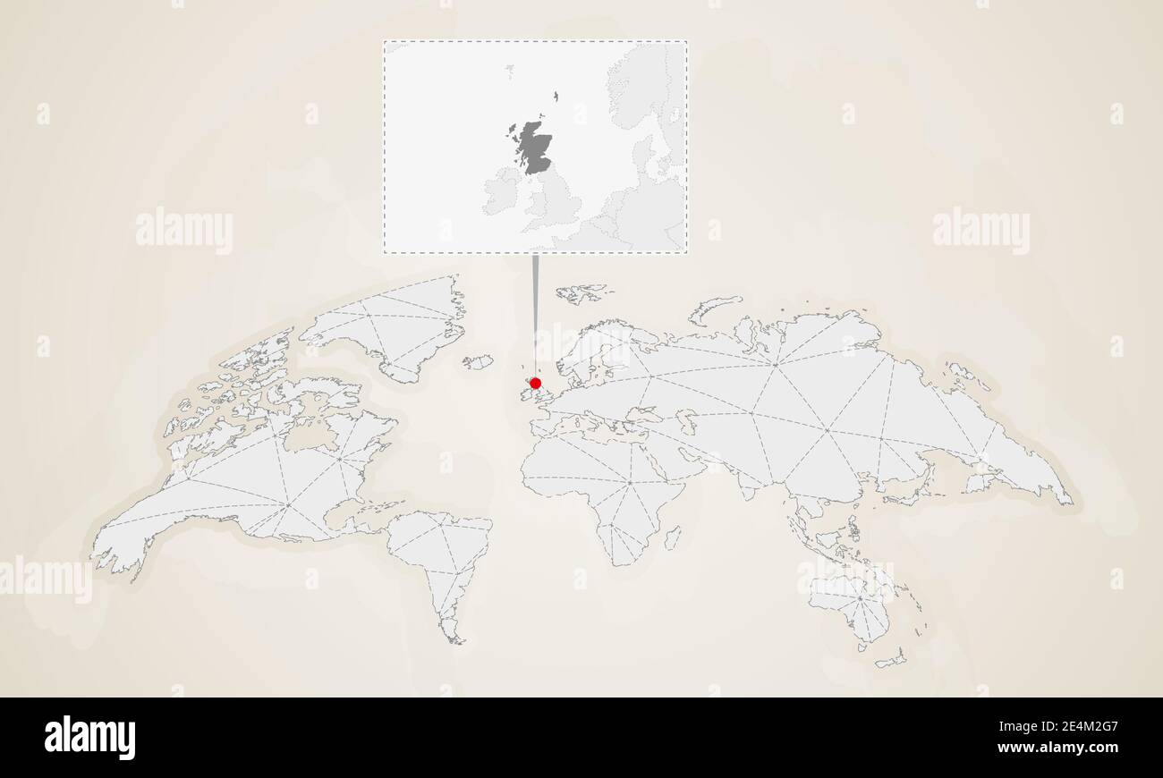 Map of Scotland with neighbor countries pinned on world map. Abstract ...