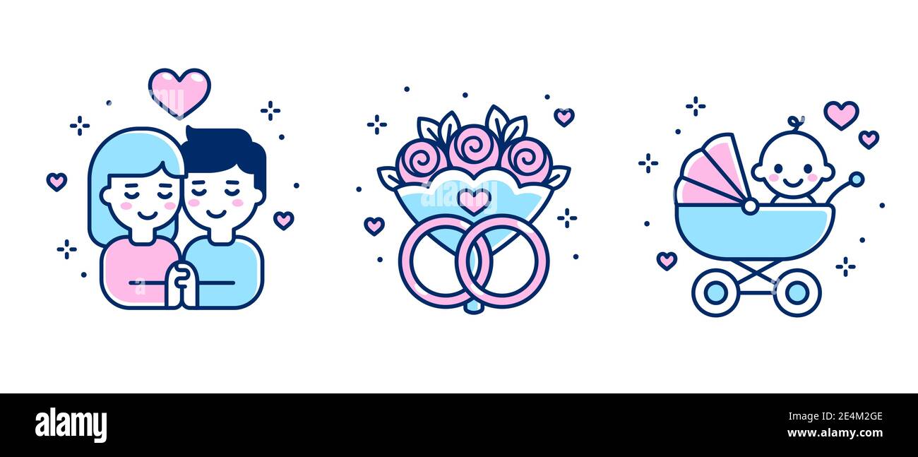 Couple in love, wedding and newborn baby. New family life stages ...