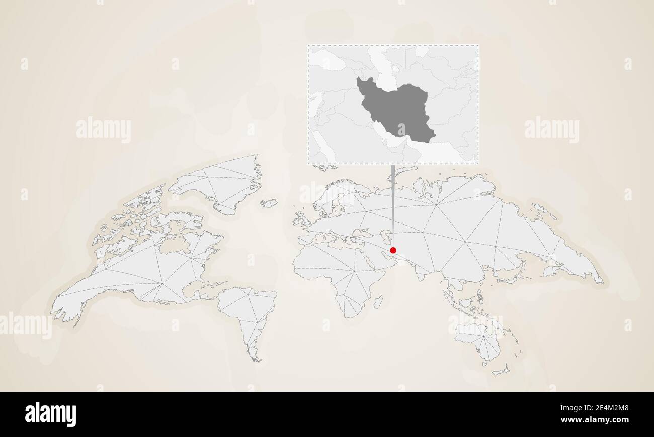 Map of Iran with neighbor countries pinned on world map. Abstract ...