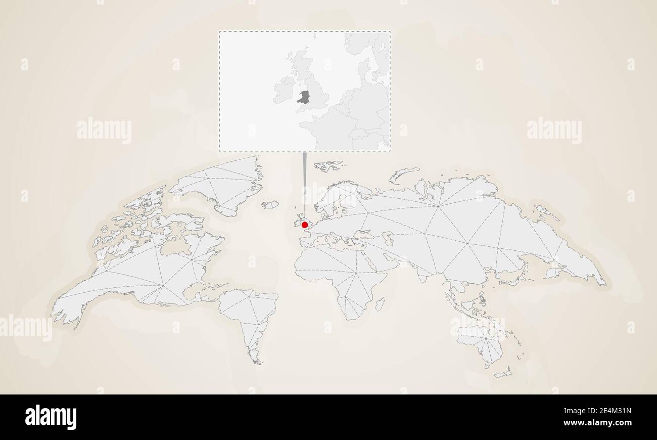 Map of Wales with neighbor countries pinned on world map. Abstract ...