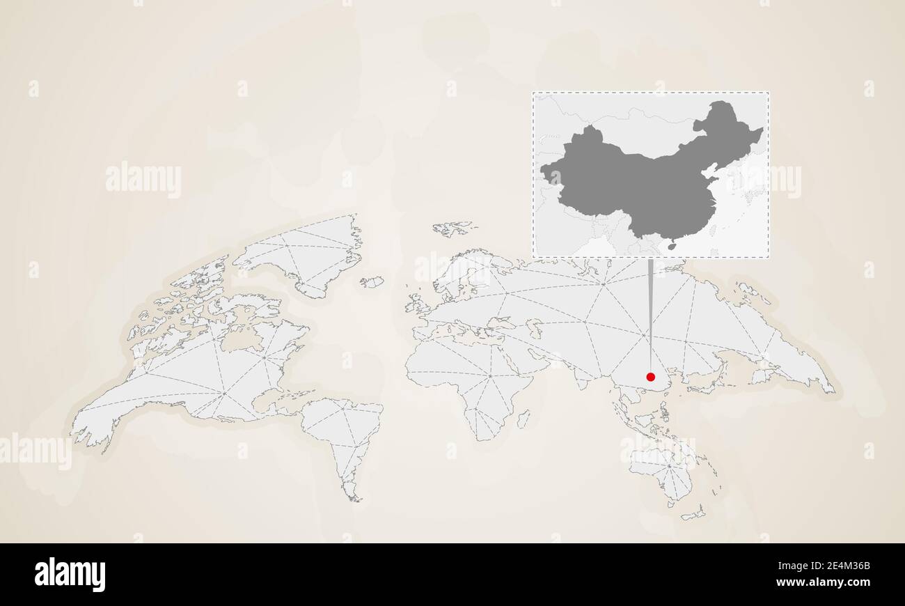 Map of China with neighbor countries pinned on world map. Abstract ...