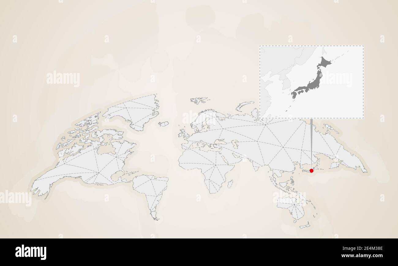 Map of Japan with neighbor countries pinned on world map. Abstract ...