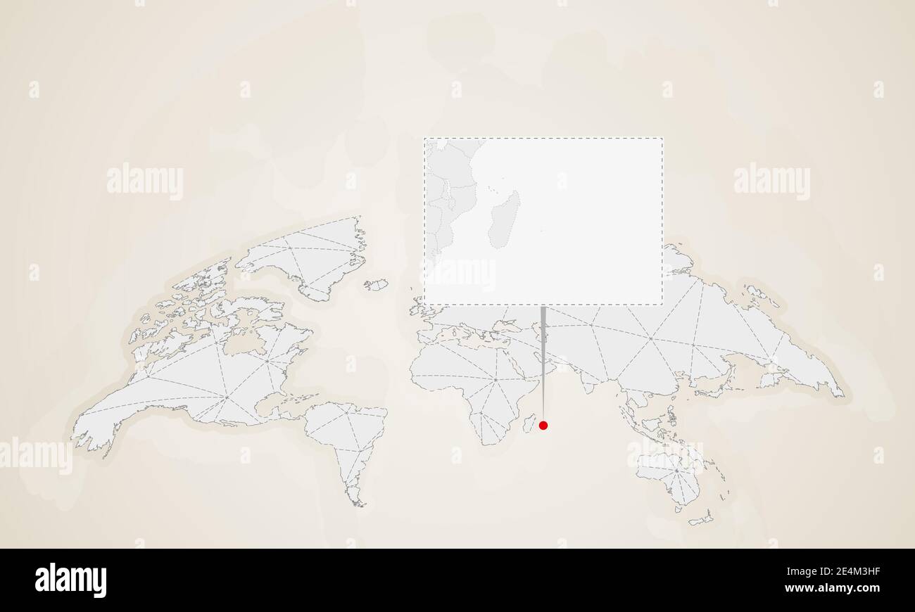 Map of Mauritius with neighbor countries pinned on world map. Abstract ...