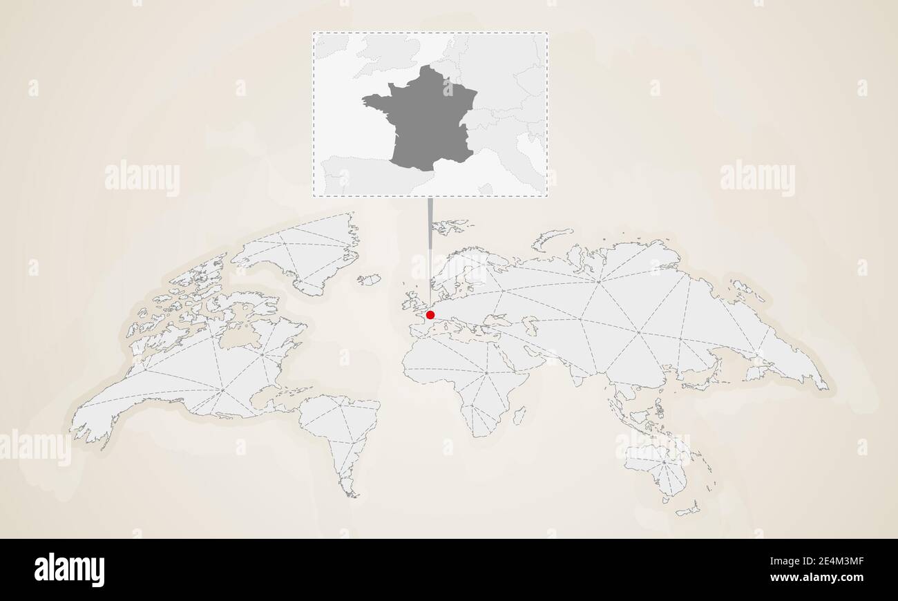 Map of France with neighbor countries pinned on world map. Abstract ...