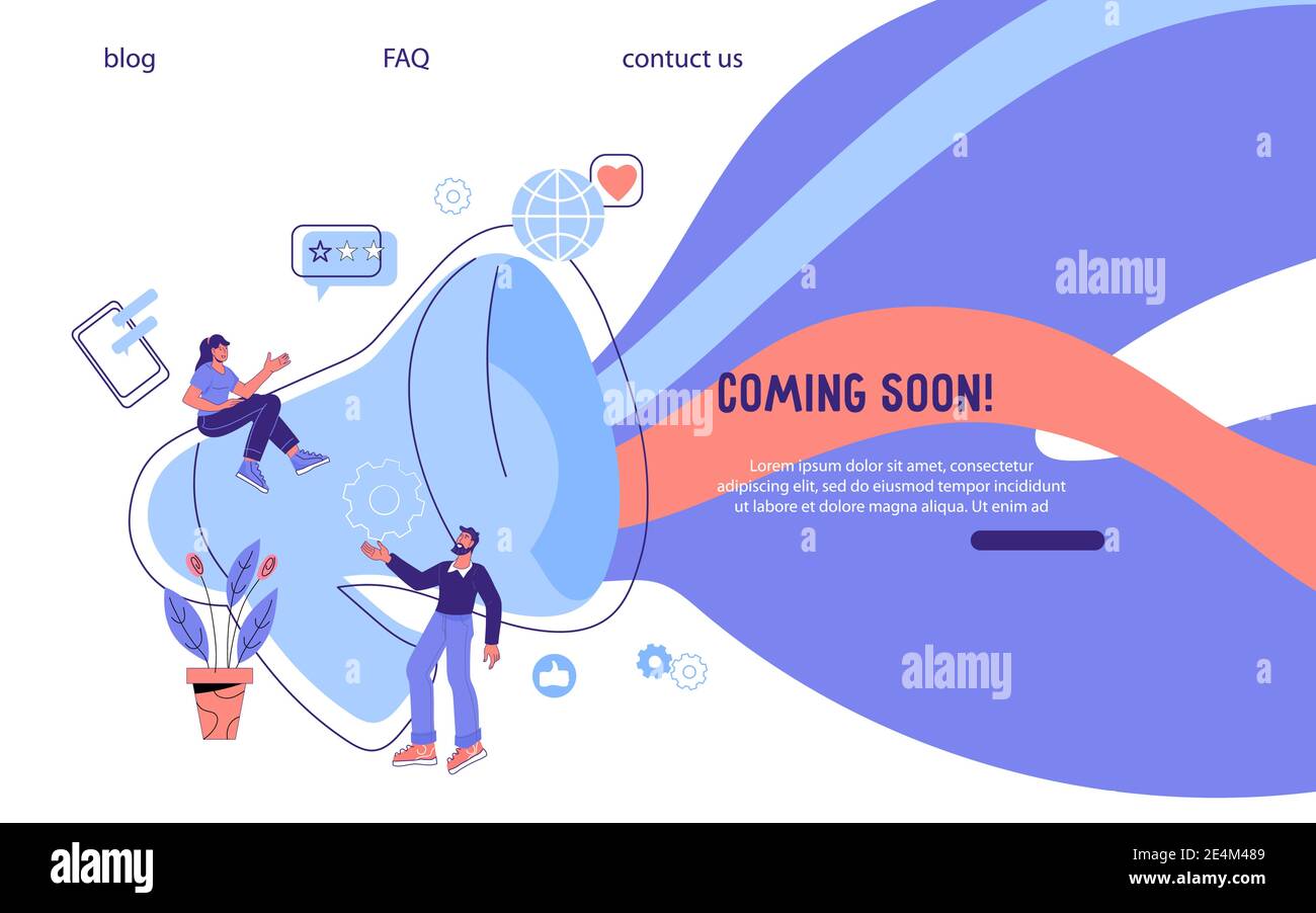 Web banner with people shouting on megaphone and coming soon text ...