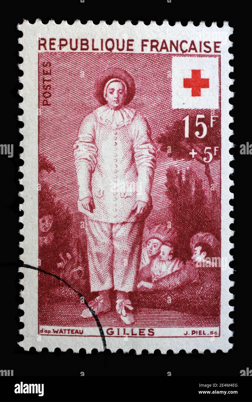 Stamp printed in the France shows Pierrot (Gilles), Painting by Antoine ...