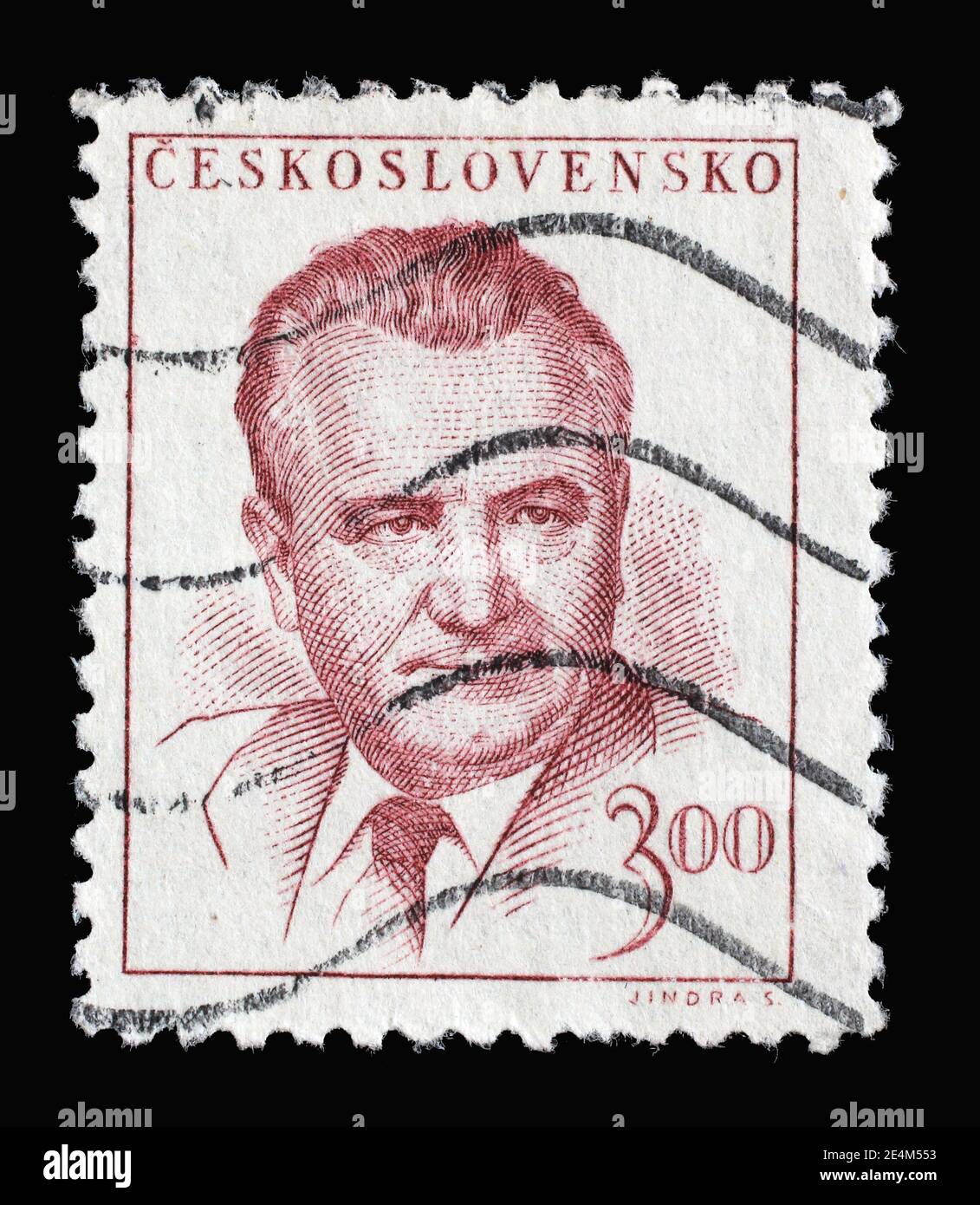 Stamp printed in Czechoslovakia shows a portrait of President Klement ...