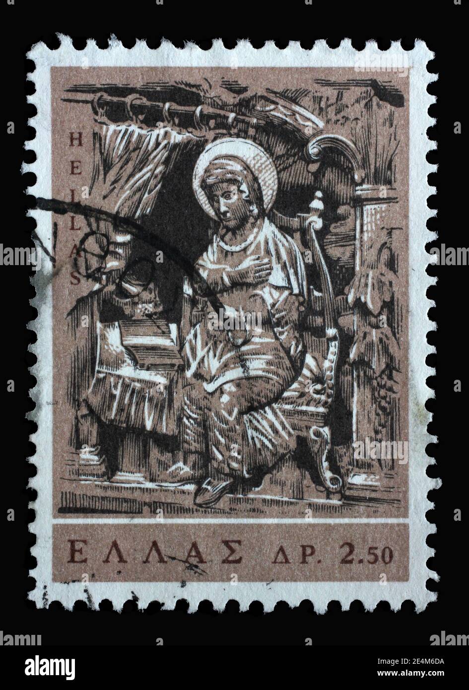 Stamp printed in Greece shows Virgin (wood carving Church of St ...