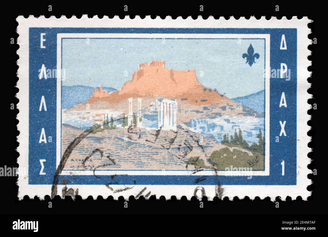 Stamp printed in Greece shows Athens at dawn by Lord Baden-Powell ...