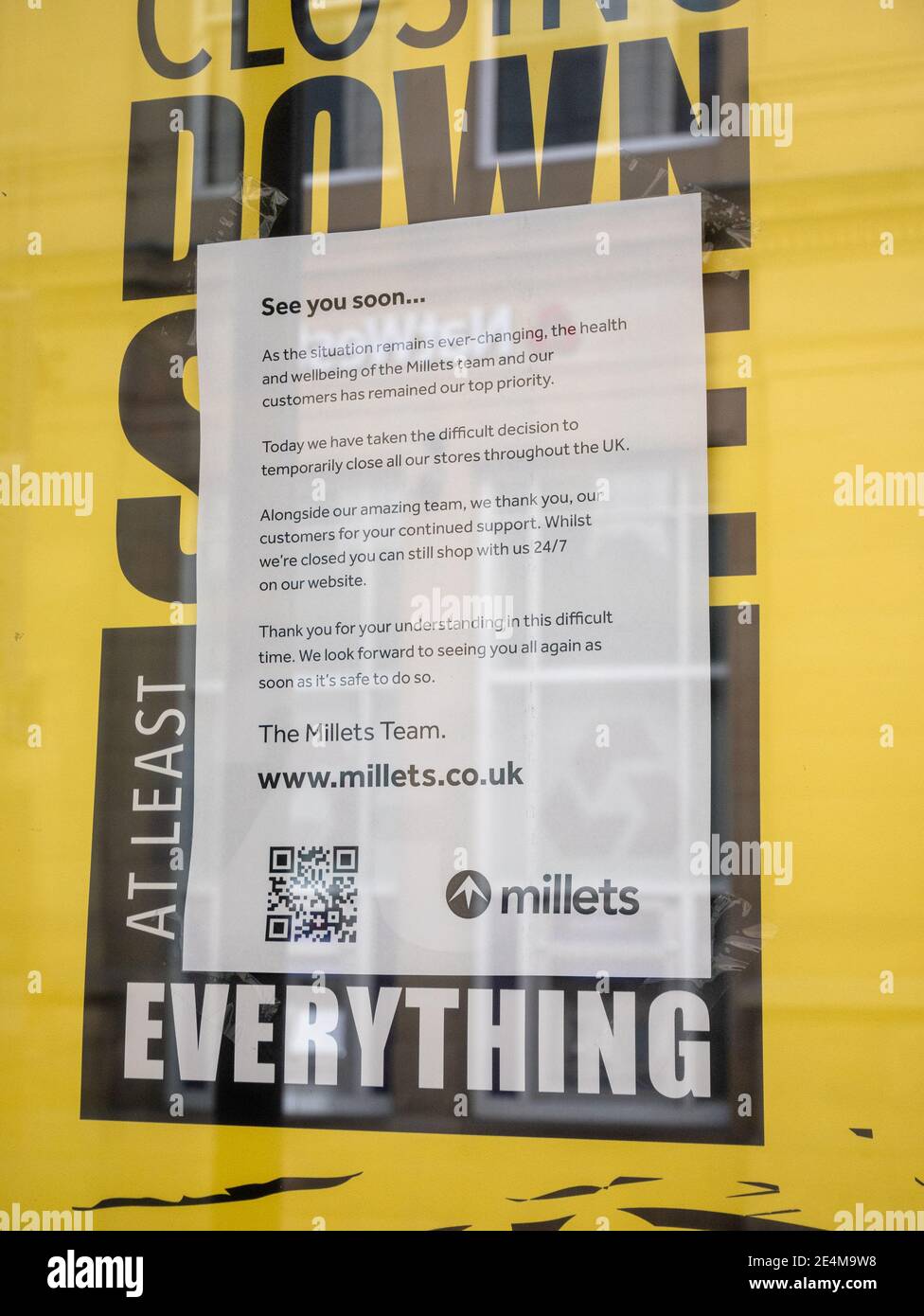 A notice in the window of Millets telling customers of closure due to ...