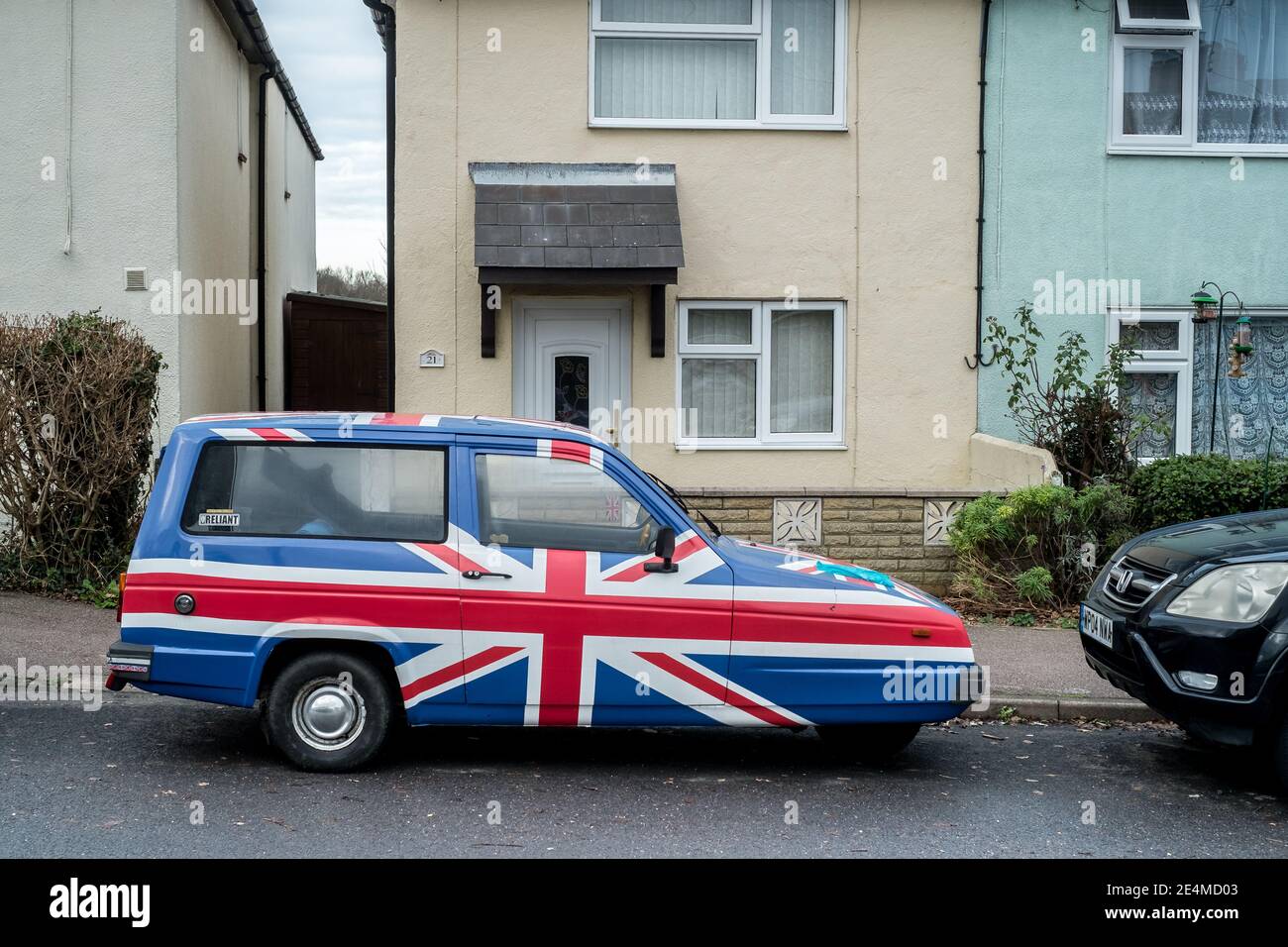 Union flag statement painted Robin Reliant, Colchester, Essex Stock ...