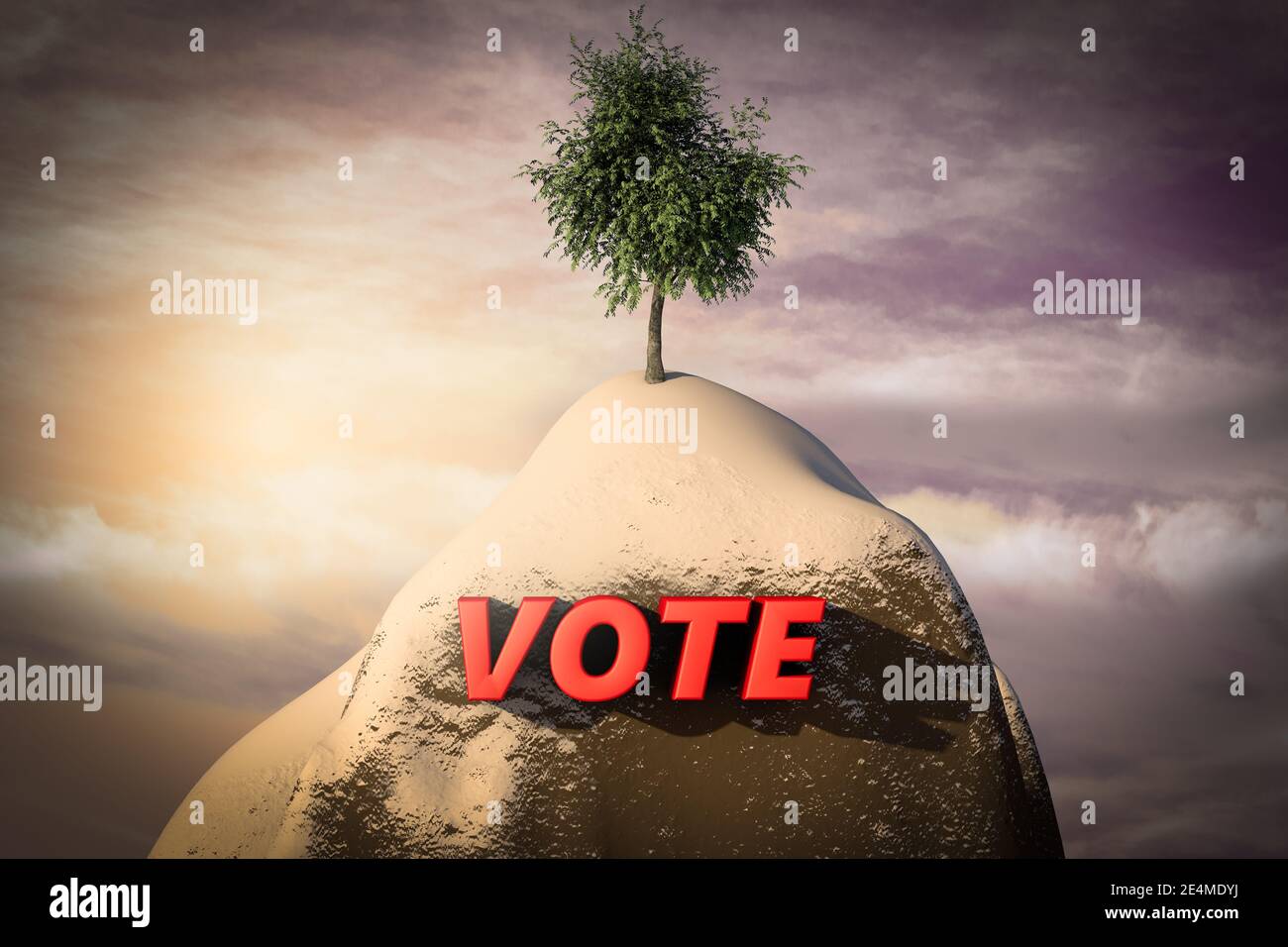 A tree on the mountain with voting letters in front demonstrating ...