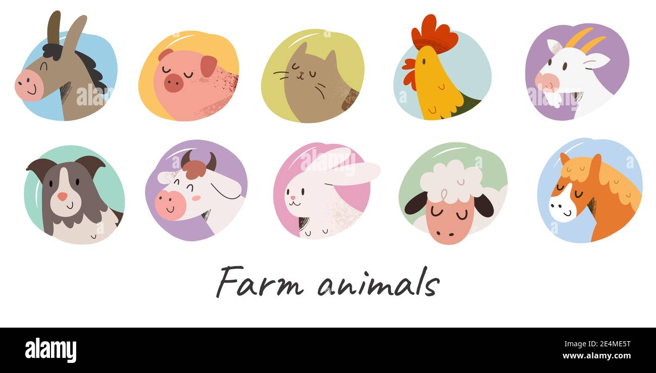 Cute farm animals with face expressions, domestic animal avater ...