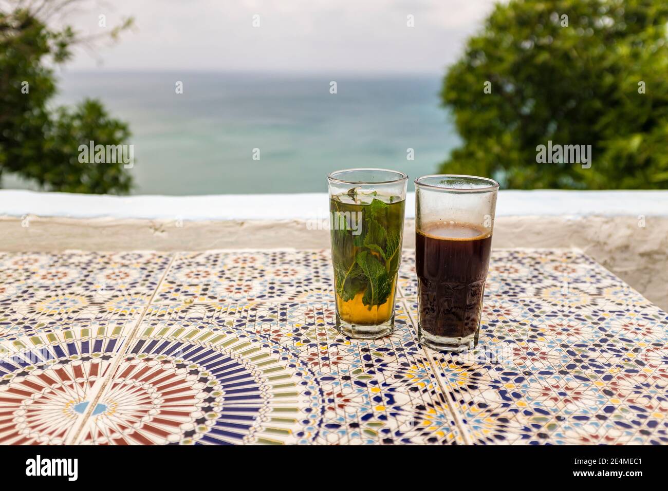 Mint tea and coffee in Cafe Hafa, a popular outdoor cafe overlooking ...