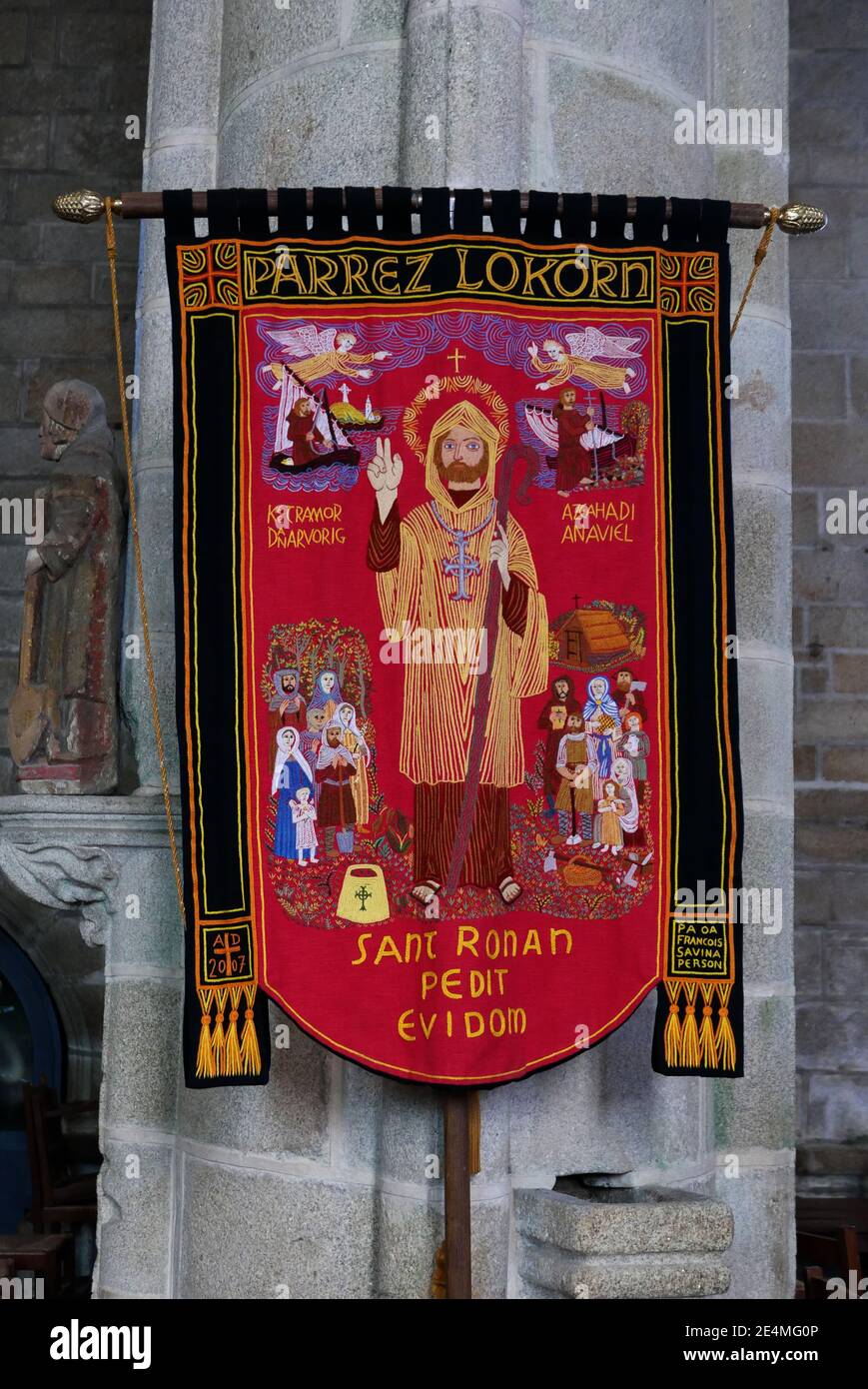 Locronan, Banner of St Ronan in St Ronan church, old village, Finistere ...